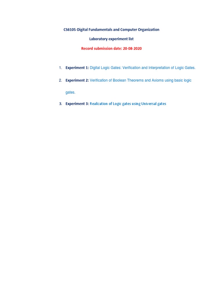 CS6105-Digital Fundamentals and Computer Organization Laboratory Experiment List | PDF | Logic ...