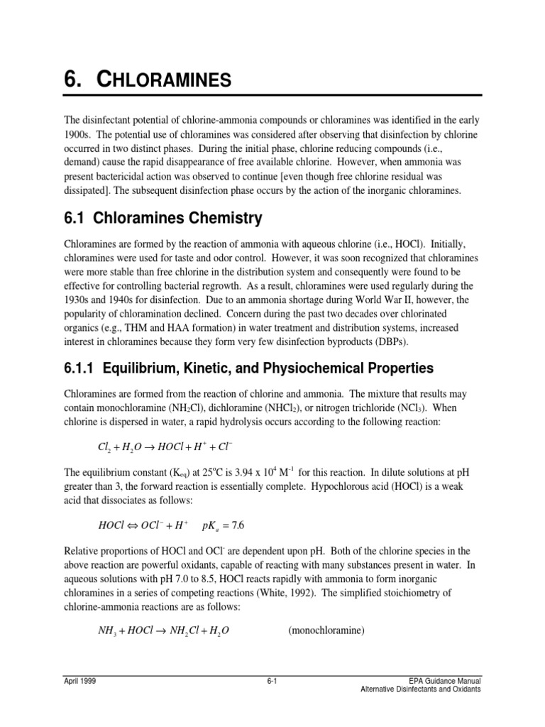 Hloramines: 6.1 Chloramines Chemistry | PDF | Chlorine | Disinfectant