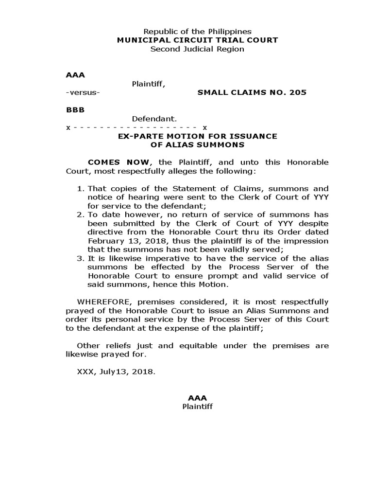 Ex-Parte Motion for Alias Summons | PDF | Law | Home & Garden