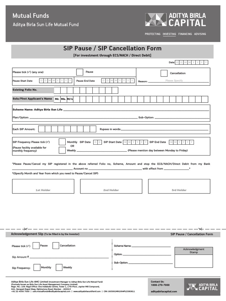 SIP Pause / SIP Cancellation Form: (For Investment Through ECS/NACH ...