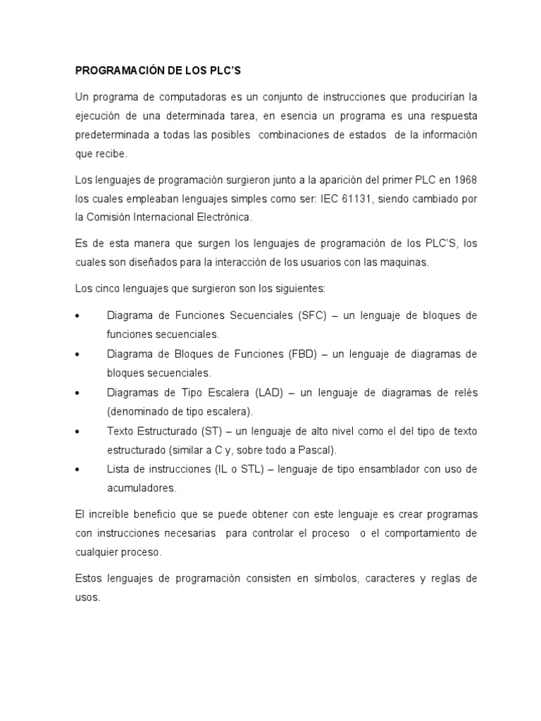 Programación de Los PLC | PDF | Lenguaje de programación | Controlador ...