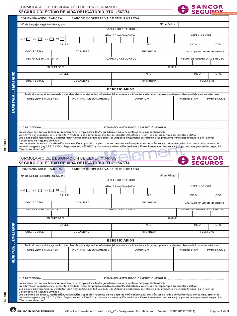 Vida Obligatorio - Designacion Beneficiarios CopiarAA PDF | PDF ...