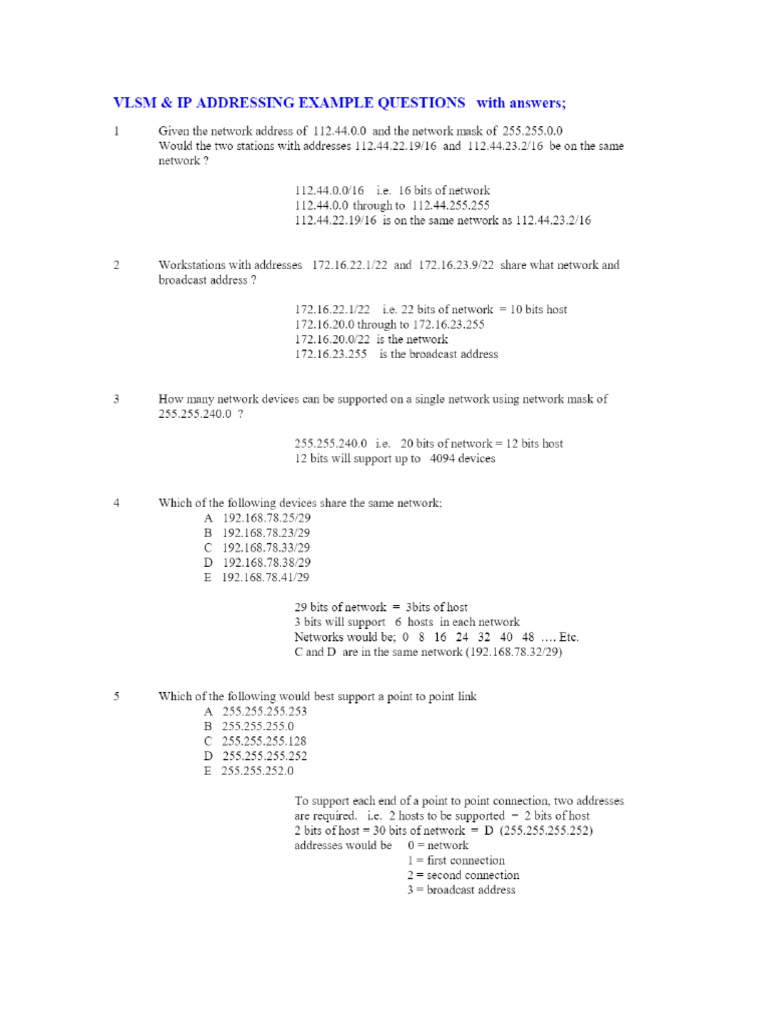 VLSM & IP ADDRESSING EXAMPLE QUESTIONS With Answers - PDF | PDF