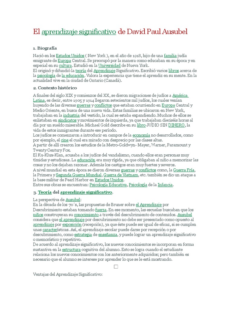 El Aprendizaje Significativo de David Paul Ausubel | PDF | Aprendizaje ...