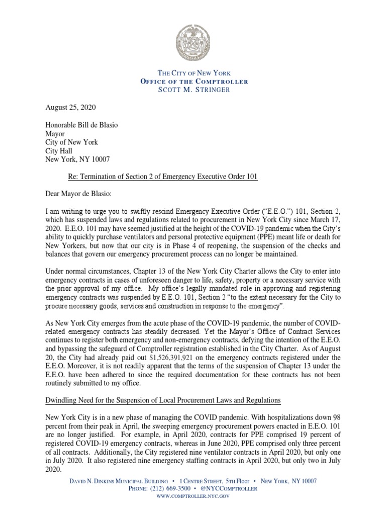 Comptroller Scott Stringer's Letter To Mayor Bill de Blasio | PDF ...