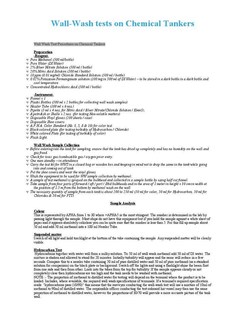 Wall Wash Test Procedures On Chemical Tankers | PDF | Nitric Acid ...