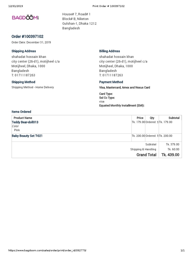 Order #100397102: Shipping Address Billing Address | PDF