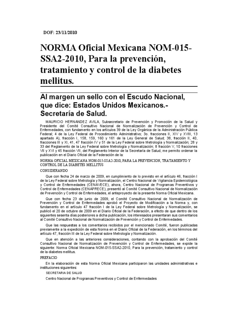 NOM 015 para La Prevención, Tratamiento y Control de La Diabetes ...