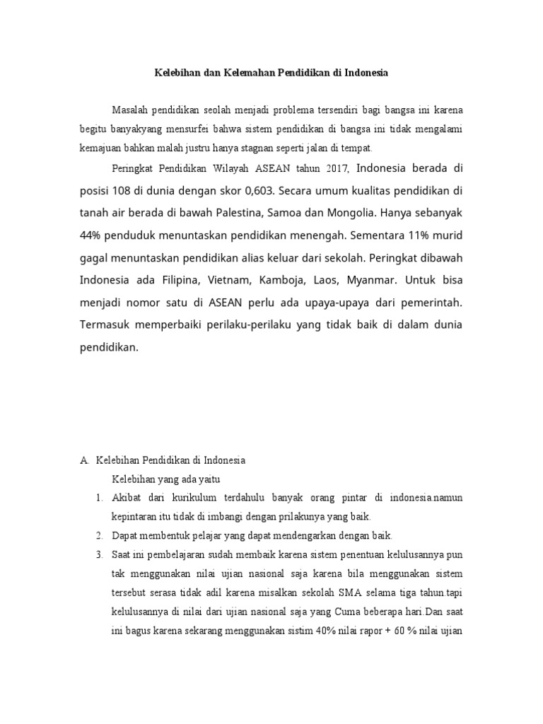 Kelebihan Dan Kelemahan Pendidikan Di Indonesia | PDF