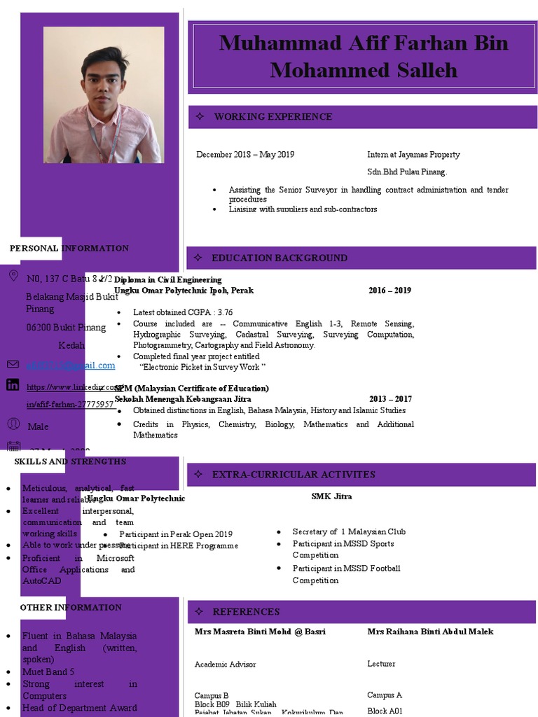 Muhammad Afif Farhan Bin Mohammed Salleh: Working Experience | PDF