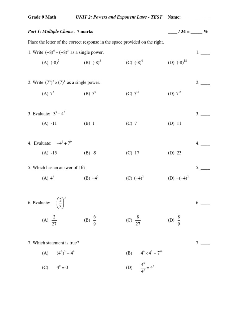 Grade 9 Math: UNIT 2: Powers and Exponent Laws - TEST Name | PDF ...