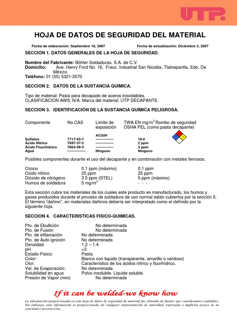 Utp Pasta Decapante MSDS | PDF | Soldadura | Construcción