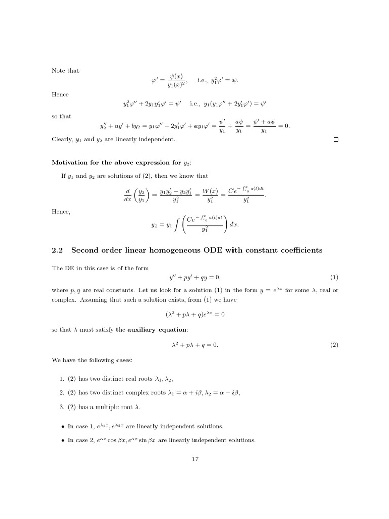 2 2 Second Order Linear Homogeneous Ode With Constant Coefficients Pdf Ordinary Differential