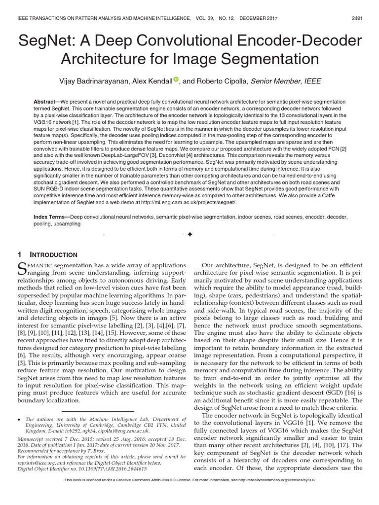 Segnet A Deep Convolutional Encoder Decoder Architecture For Image Segmentation Pdf Image