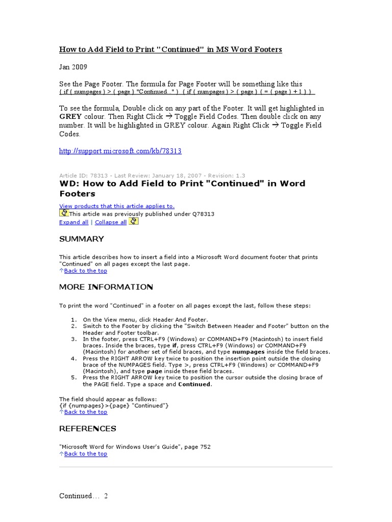 Add "Continued" in Word Footers | PDF | Microsoft Word | Software ...
