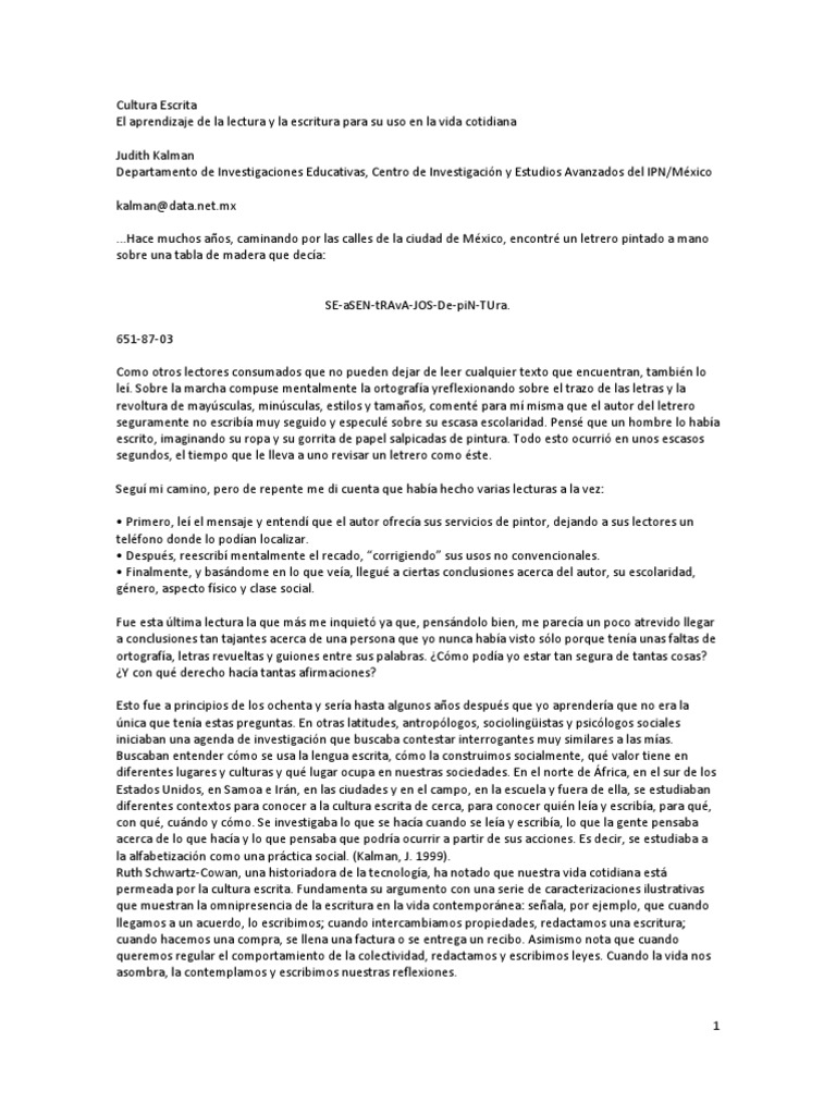 Cultura Escrita - Judith Kalman | PDF | Aprendizaje | Escritura