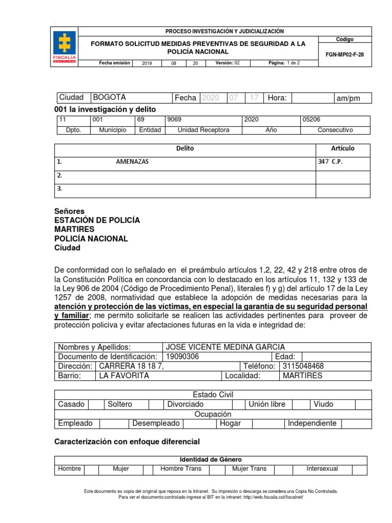 Formato de Medidia de Proteccion 110016099069202005206 | PDF | Policía ...
