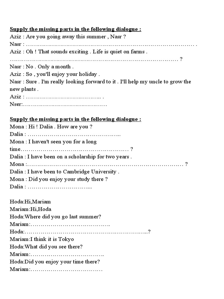 Supply The Missing Parts in The Following Dialogue | PDF