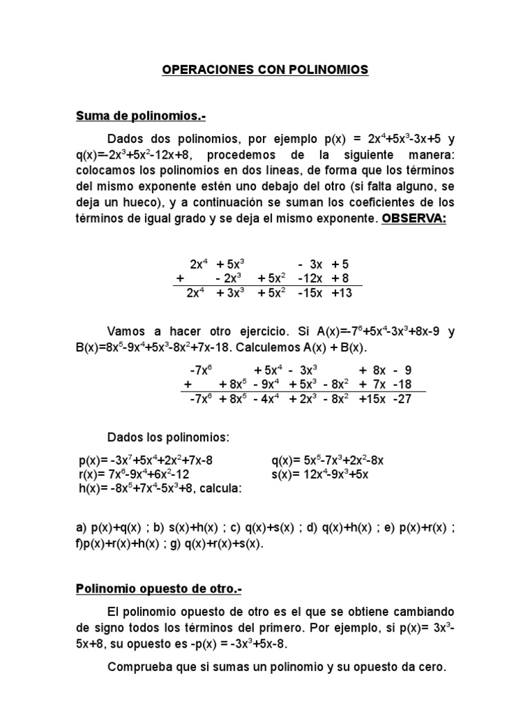 Operaciones Con Polinomios | PDF | Sustracción | Multiplicación