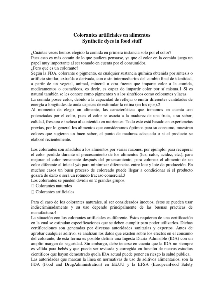Colorantes Artificiales En Alimentos Pdf Comida Y Bebida Alimentos