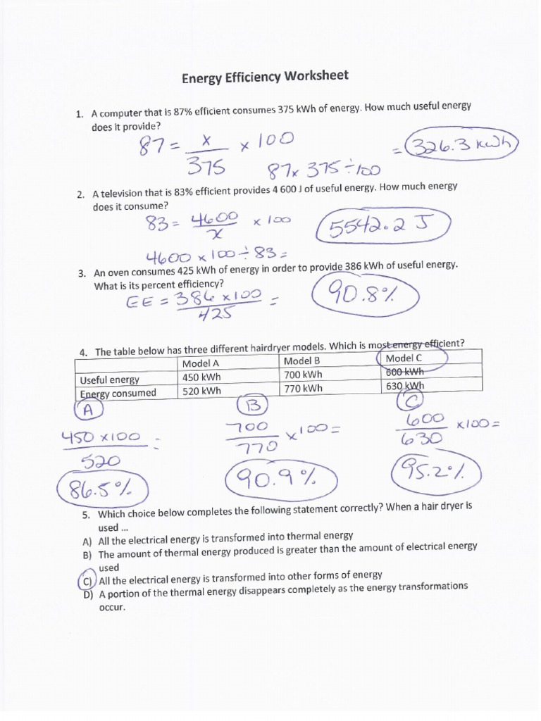 Energy Efficient Worksheet Answers | PDF