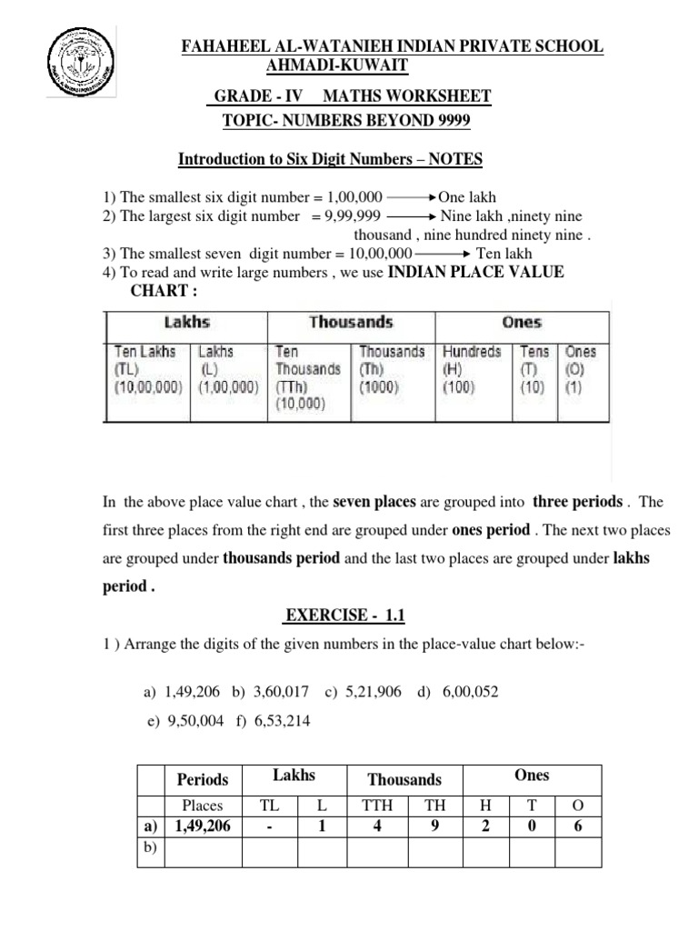 Large Numbers Worksheet for Grade 4 | PDF | Notation | Vocabulary