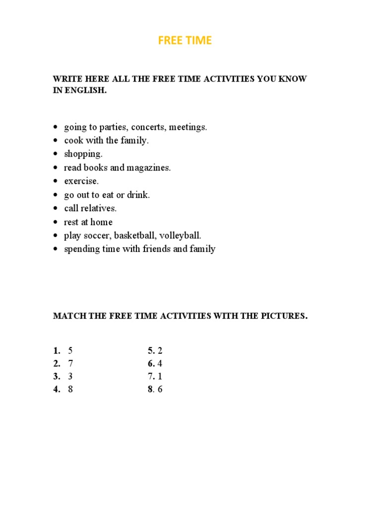 Free Time: Write Here All The Free Time Activities You Know in English ...