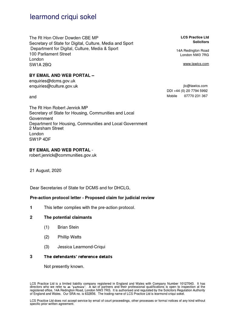 LCS Practice Letter To DCMS and DHCLG - Final As Sent - 21.8.20 PDF ...