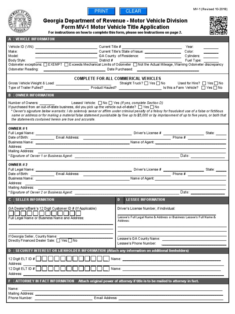 Georgia Department of Revenue - Motor Vehicle Division Form MV-1 Motor ...