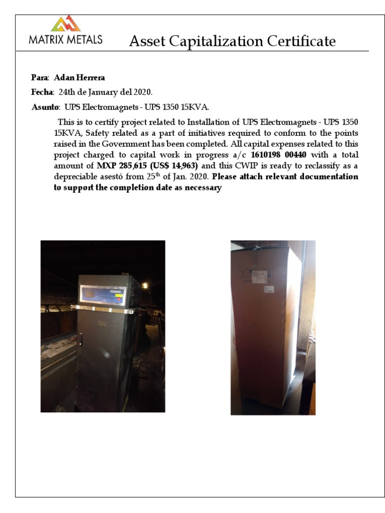 Asset Capitalization Certificate | PDF | Technology & Engineering