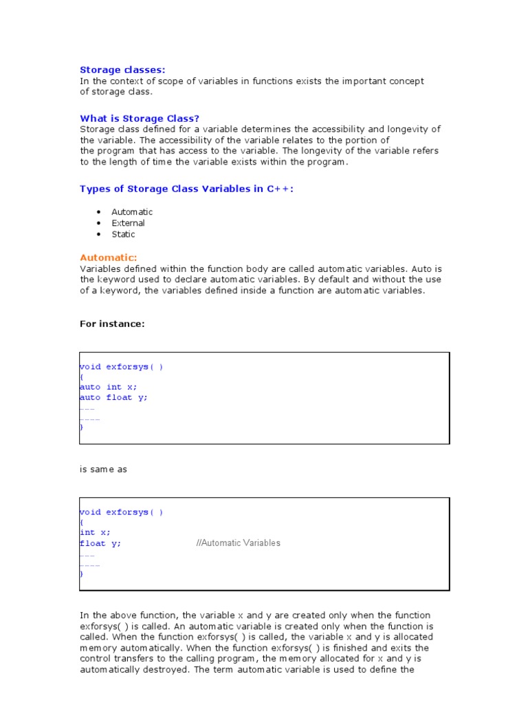 Storage Classes Pdf Variable Computer Science Scope Computer Science