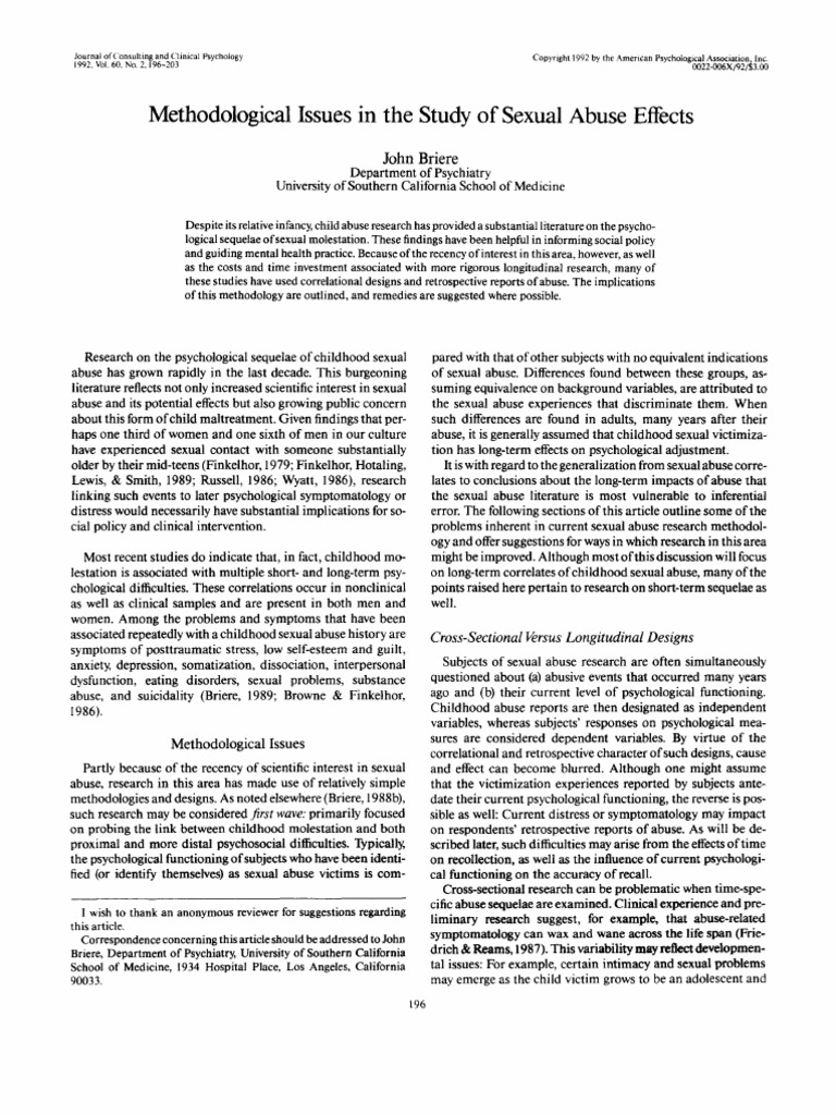 Methodological Issues in The Study of Sexual Abuse Effects: John Briere | Download Free PDF ...
