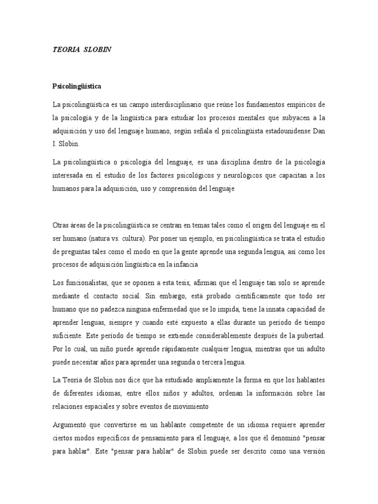 Teoria Slobin | PDF | Psicolingüística | Aquisición de idioma