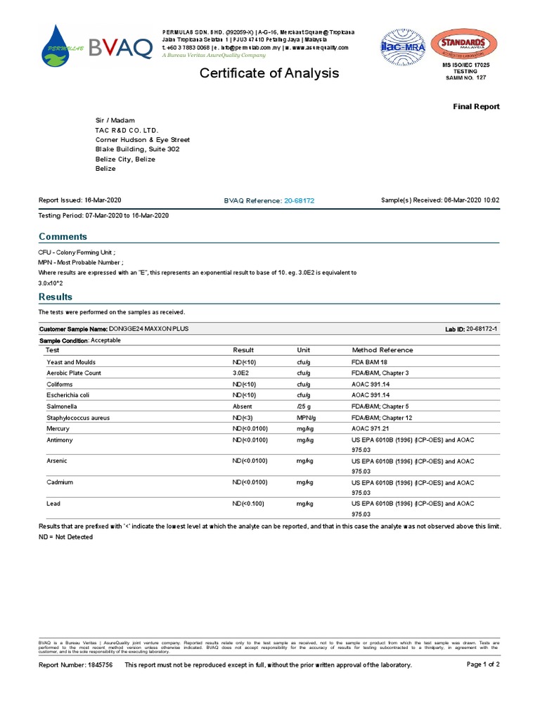 Certificate of Analysis: Comments | PDF | Colony Forming Unit ...