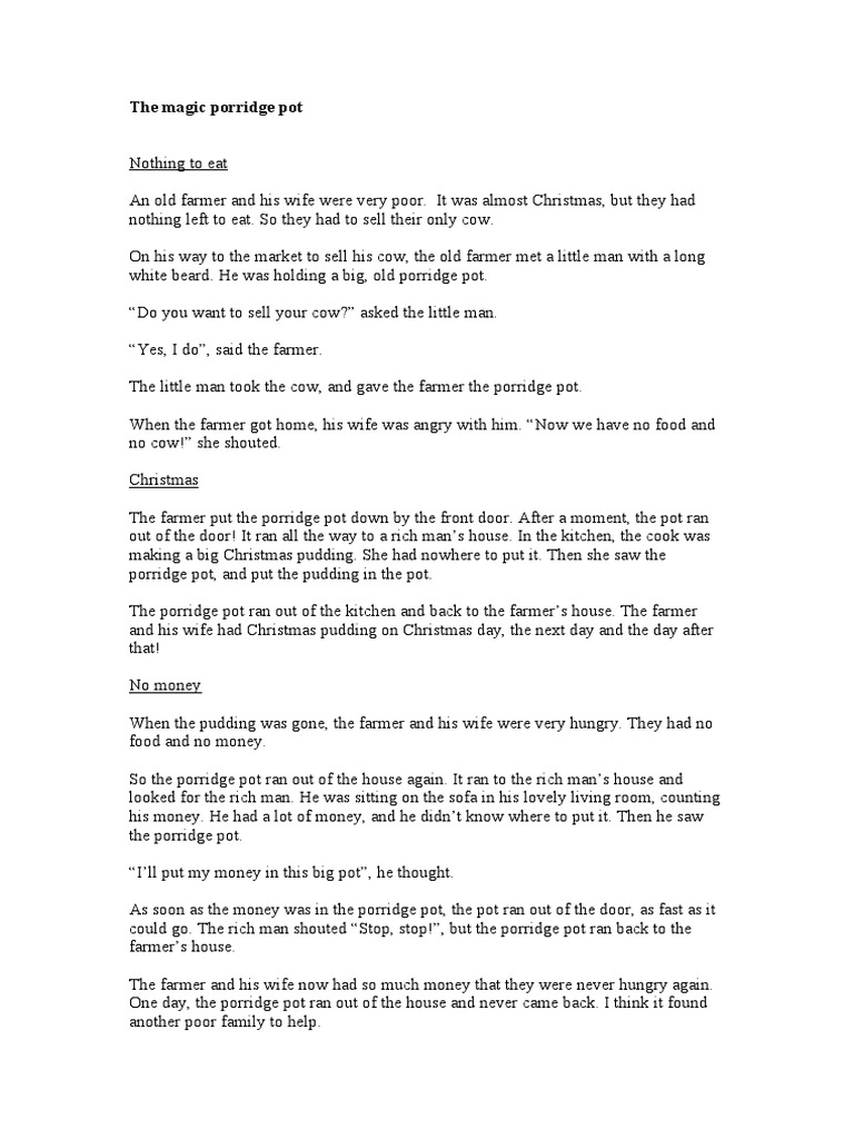 The Magic Porridge Pot Story | PDF
