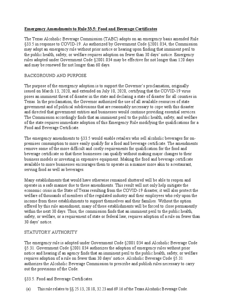 TABC Emergency Amendments To Rule 33.5 Food and Beverage Certificates ...