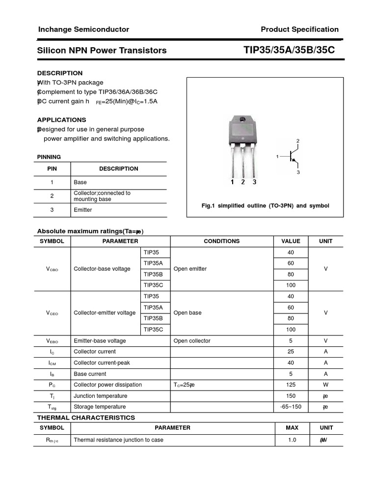 TIP35/35A/35B/35C: Silicon NPN Power Transistors | PDF | Bipolar ...