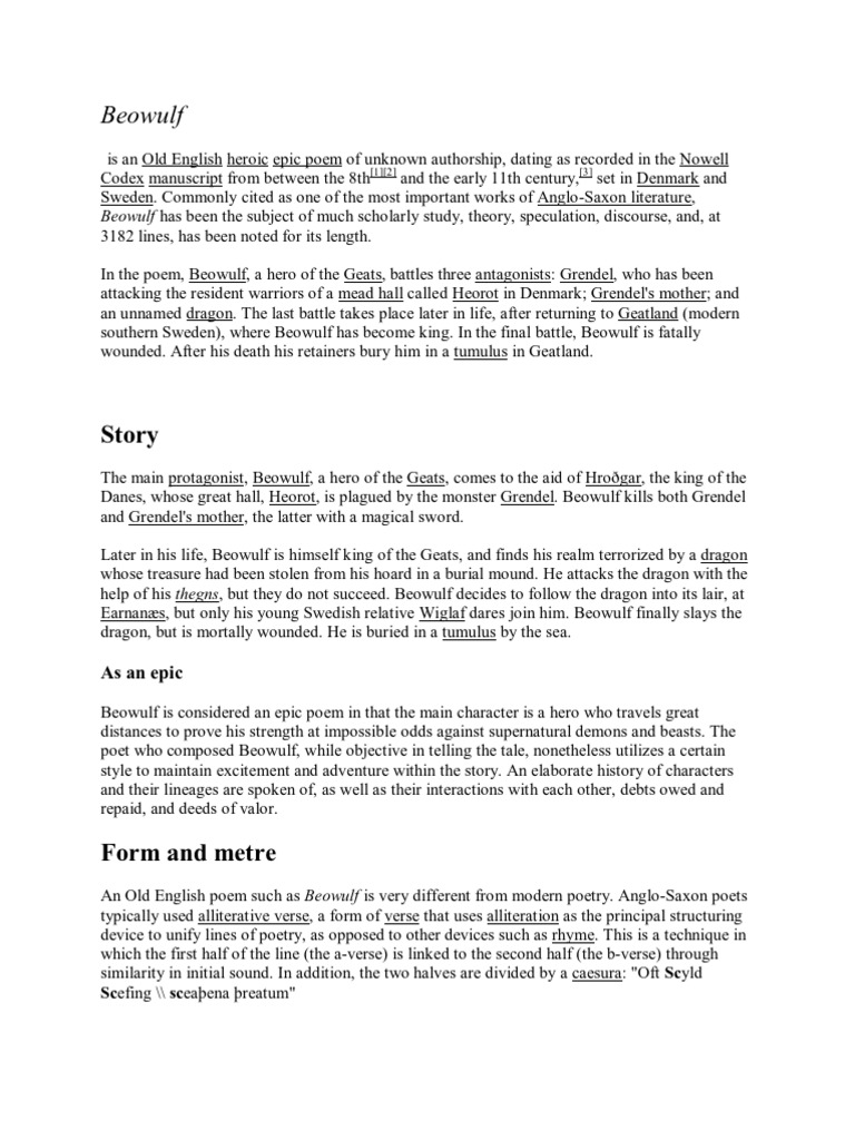 Beowulf Defeats Grendel, Grendel's Mother, and a Dragon: A Summary of the Old English Epic Poem ...