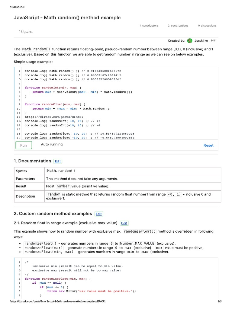 JavaScript - Math - Random Method Example - Dirask | PDF | Function (Mathematics) | Theoretical ...