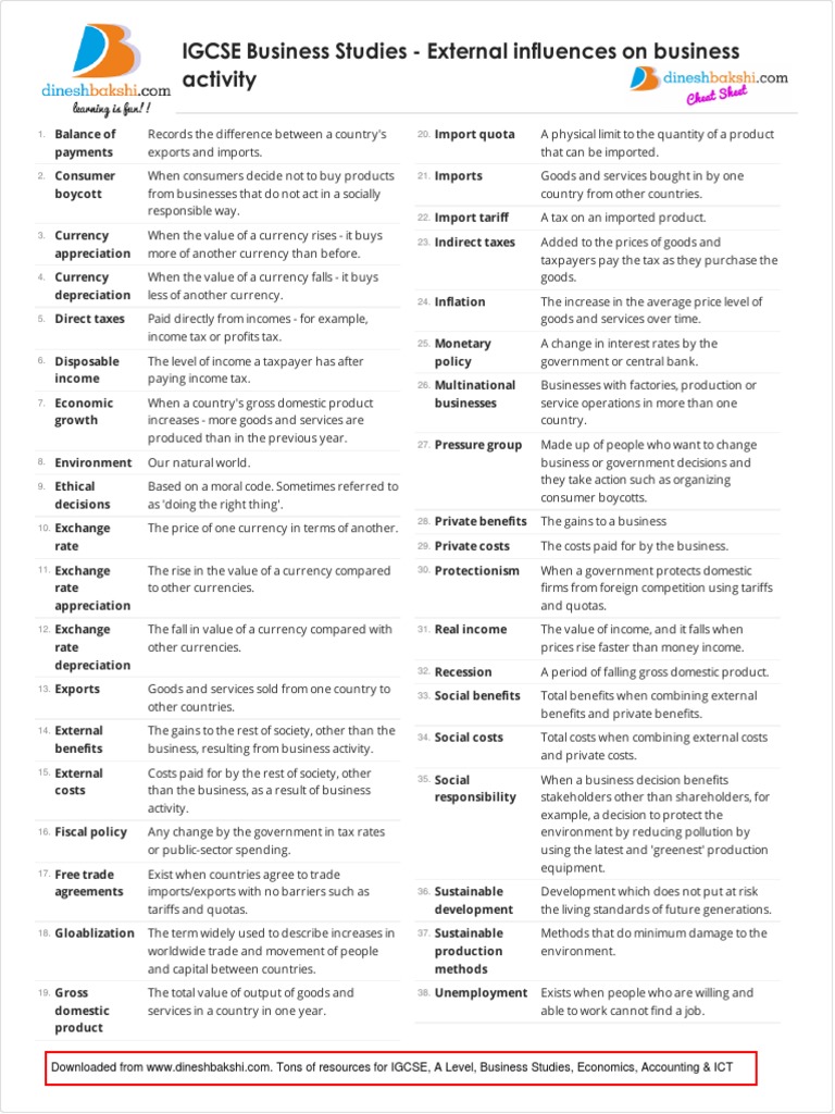 IGCSE Business Studies - External Influences On Business Activity | PDF ...