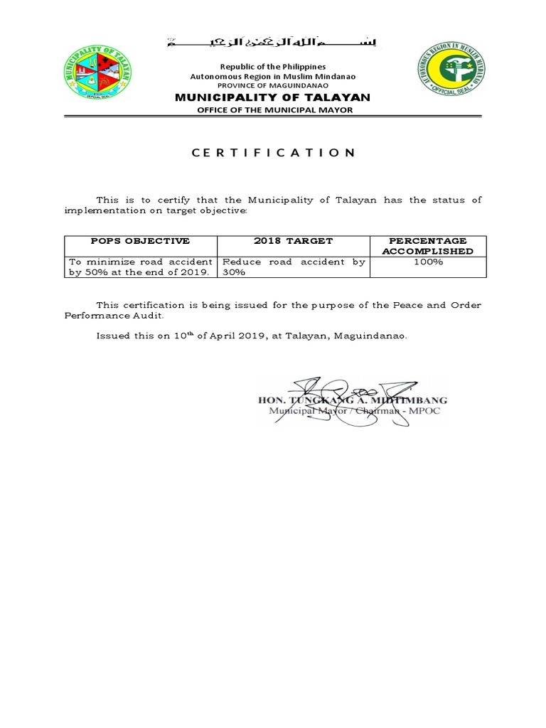 Municipality of Talayan: Ce R T I F I C A T I O N | PDF