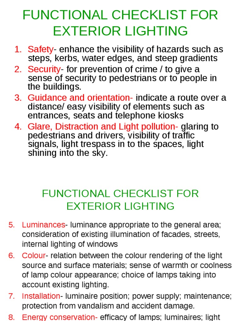 Functional Checklist For Exterior Lighting | PDF | Lighting ...
