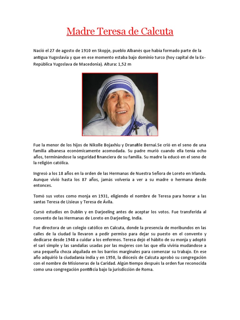 Perfil de vida y obra de la religiosa indo-albanesa Madre Teresa de ...