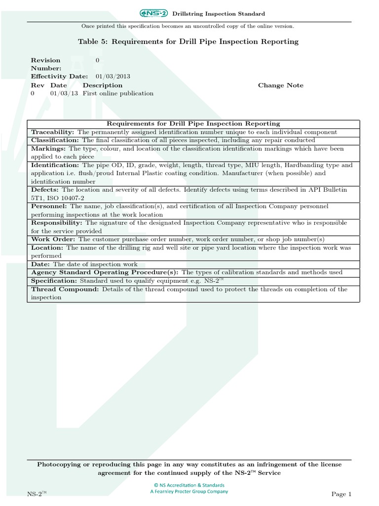Table 5: Requirements For Drill Pipe Inspection Reporting | PDF