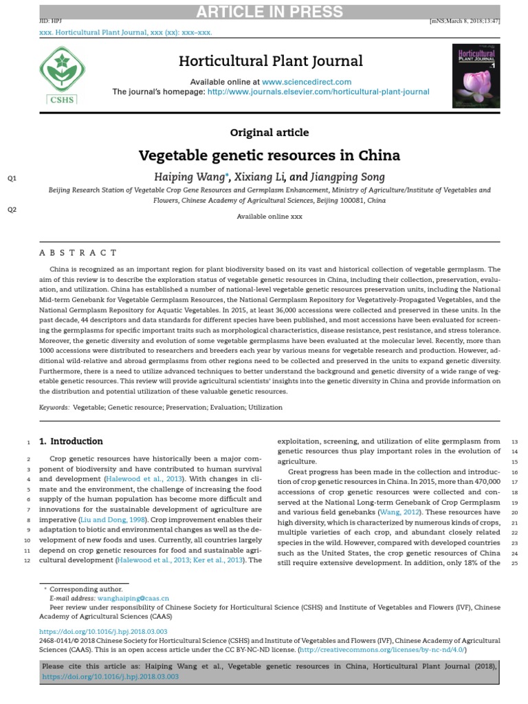 Horticultural Plant Journal: Haiping Wang Xixiang Li Jiangping Song | PDF | Pickling | Biodiversity