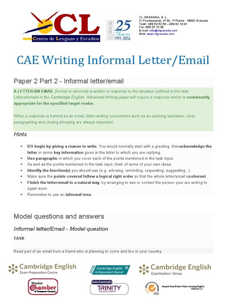 CAE Informal Letter Writing Guide | PDF | Cognition | Communication