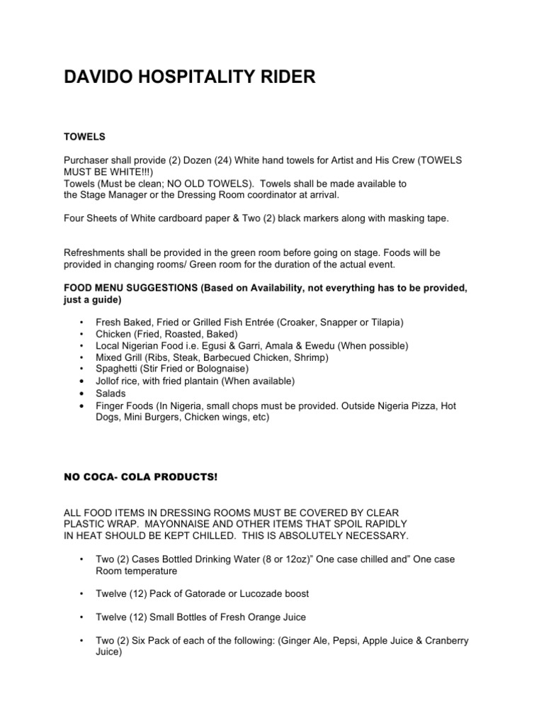 Davido Hospitality Rider 2024 | PDF | Salad | Foods