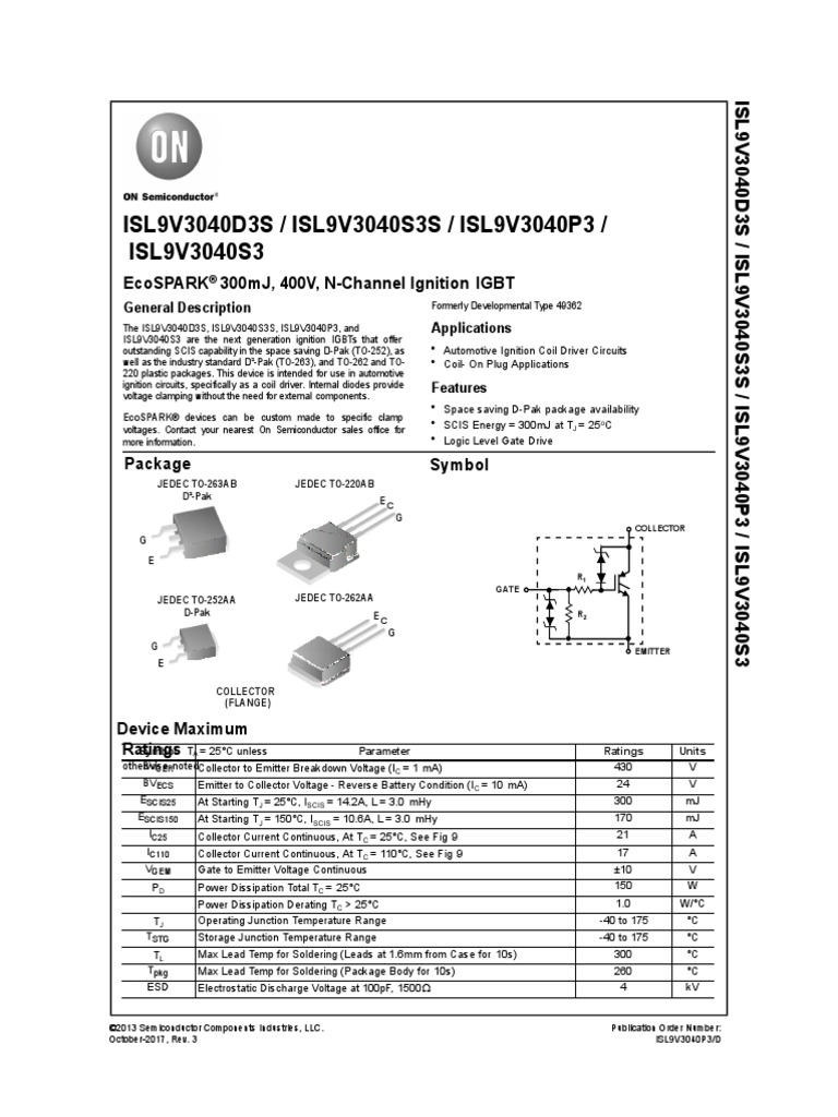 ISL9V3040D3S / ISL9V3040S3S / ISL9V3040P3 / ISL9V3040S3: Ecospark 300mJ ...