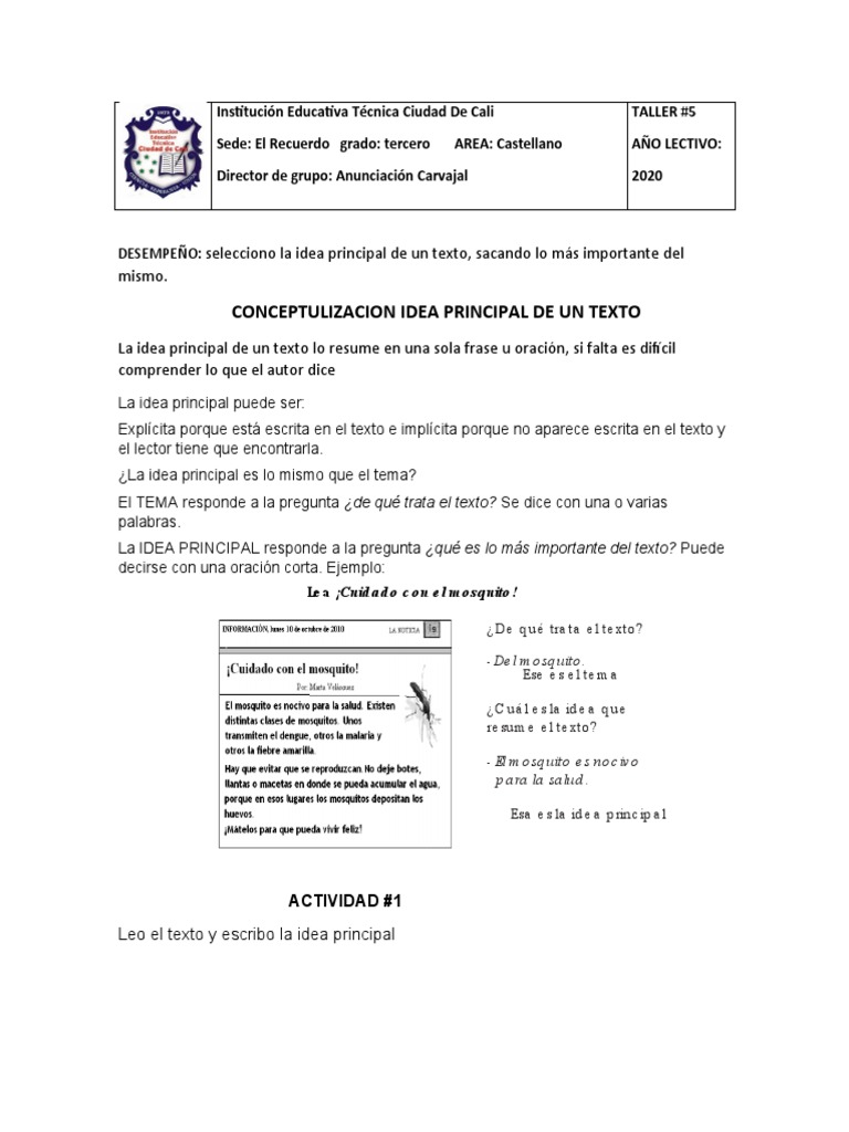 Taller #5 Idea Principal de Un Texto Tercero | PDF | Artes del Lenguaje ...