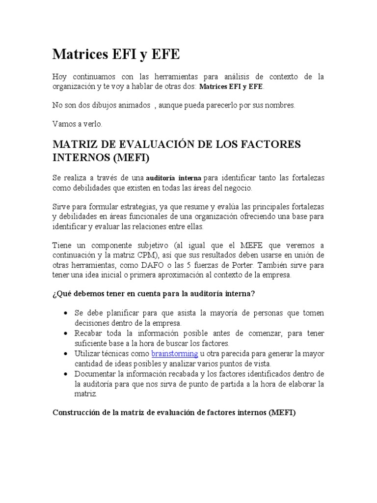 Matrices EFI y EFE CON EJEMPLO | PDF | Matriz (Matemáticas) | Análisis FODA